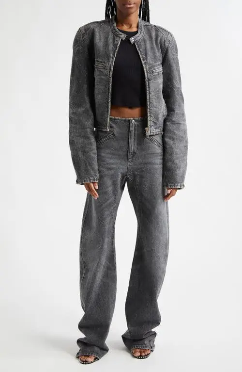 Alexander Wang Crystal Embellished Denim Moto Jacket In Black